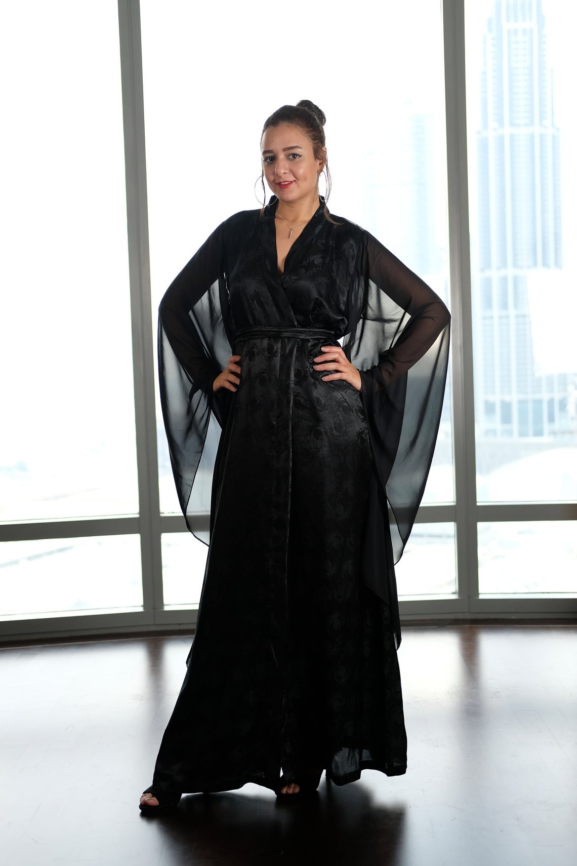 Black Silk Robe | Wide Sleeves Loungewear Robe | Ellectives